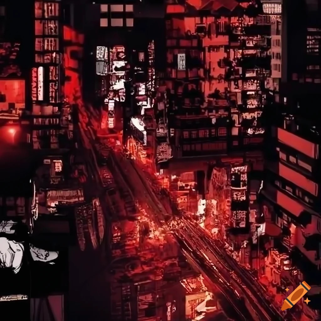 Bird's eye view of tokyo. anime style. persona 5 style. red, black and ...