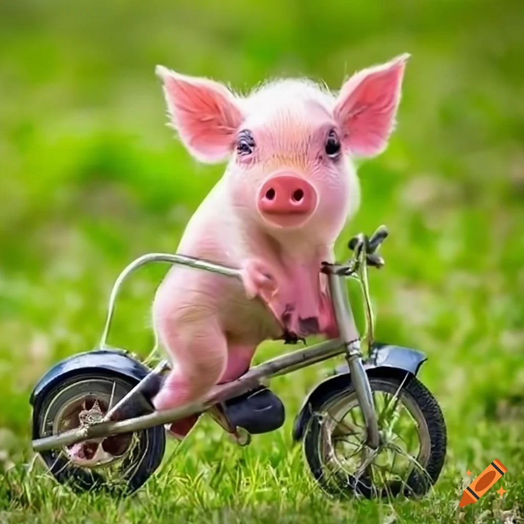 A picture of a piglet riding a mini bicycle on a lawn