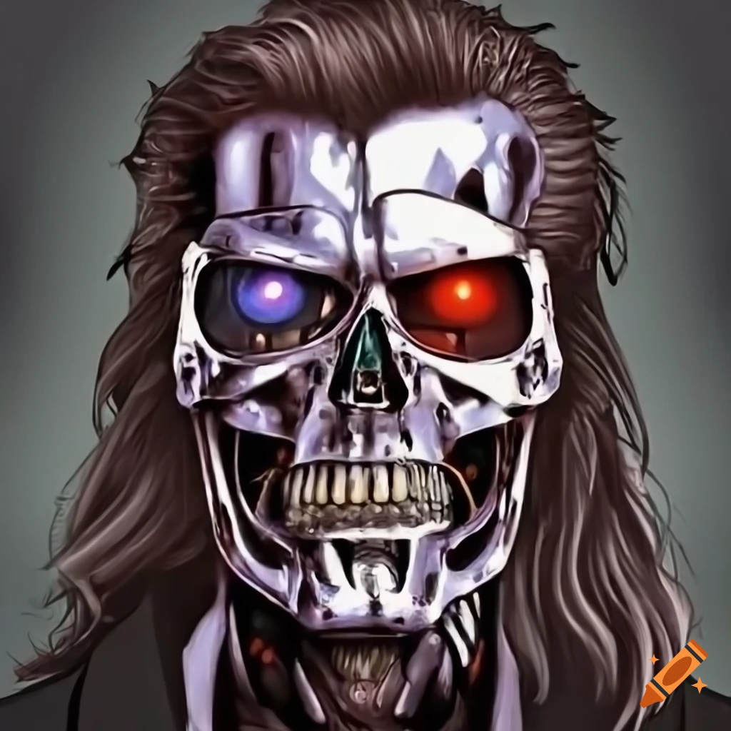Terminator with spectacles. hippy. long hair. beard