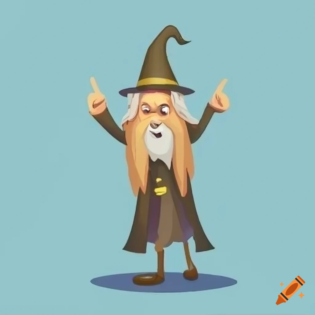 Cartoon style full body frustrated but happy wizard with a hat pointing ...