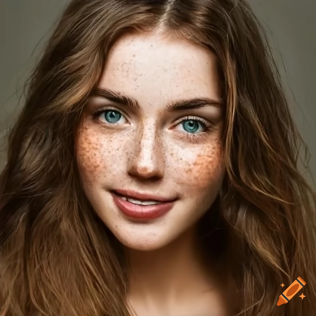 Beautiful young woman delicate freckles shy smile brown hair
