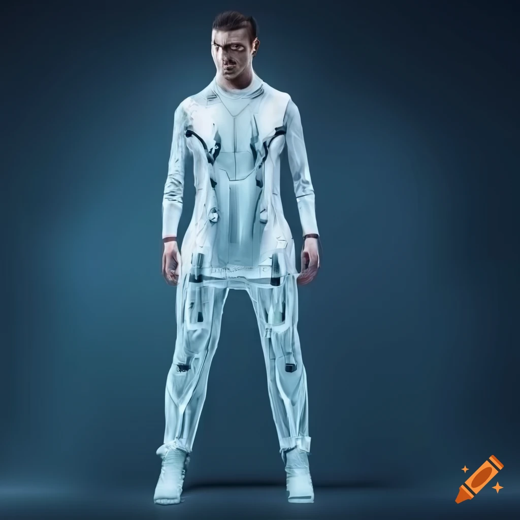 Concept art of man in a fashionable futuristic white jumpsuit detailled