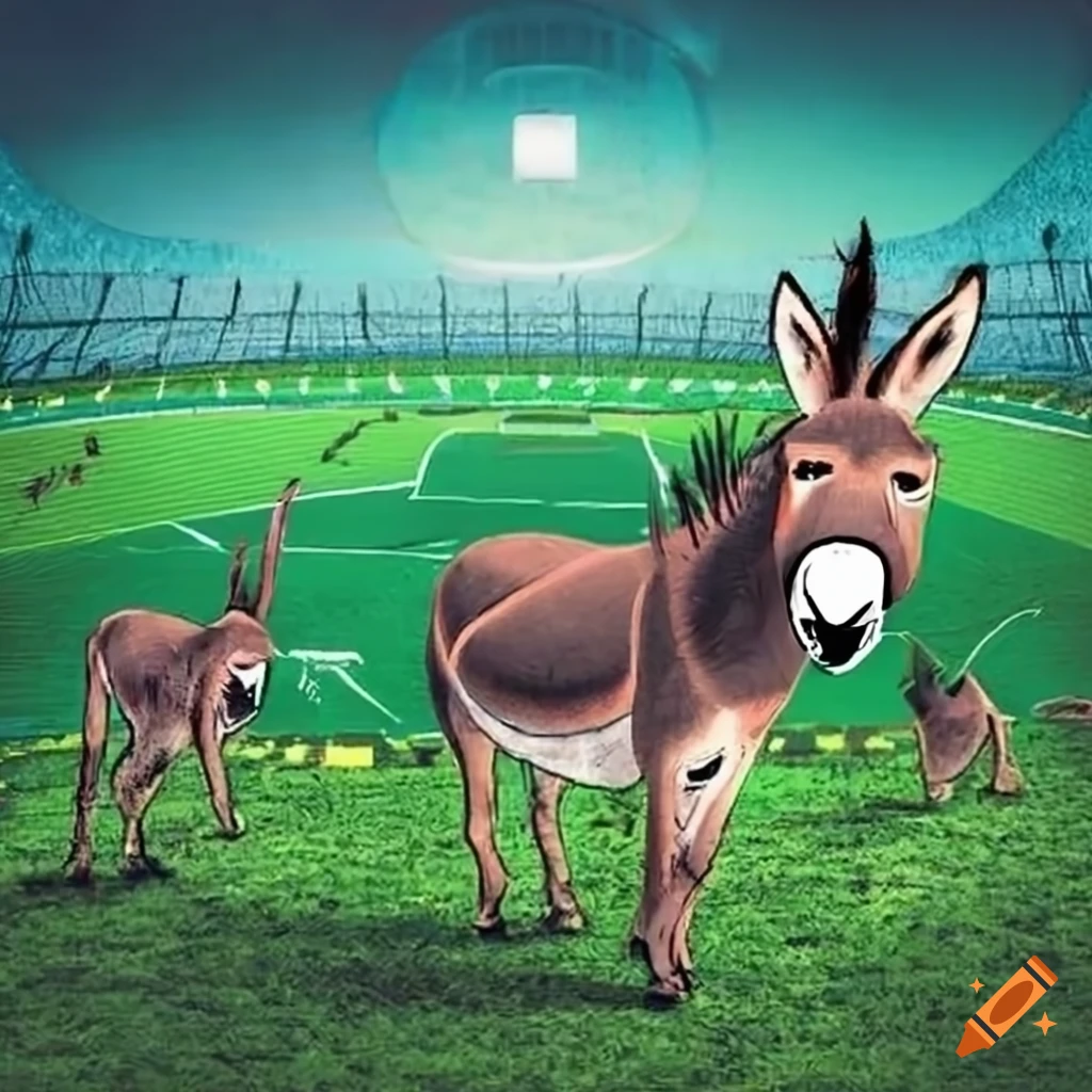 Draw a soccer stadium sees from above with donkeys eating grass on it ...