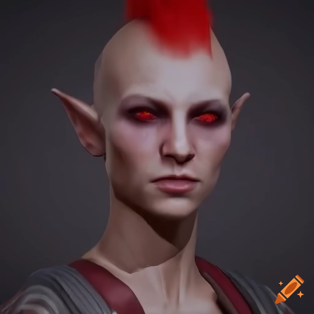 Unreal engine 5 pale-white-skinned, shaved head with red ponytail ...