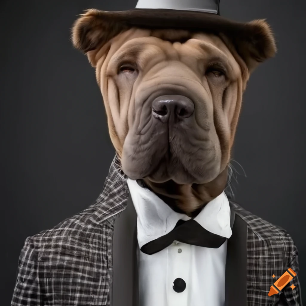 Chocolate Shar Pei posing for a portrait in a tux with a top hat and ...