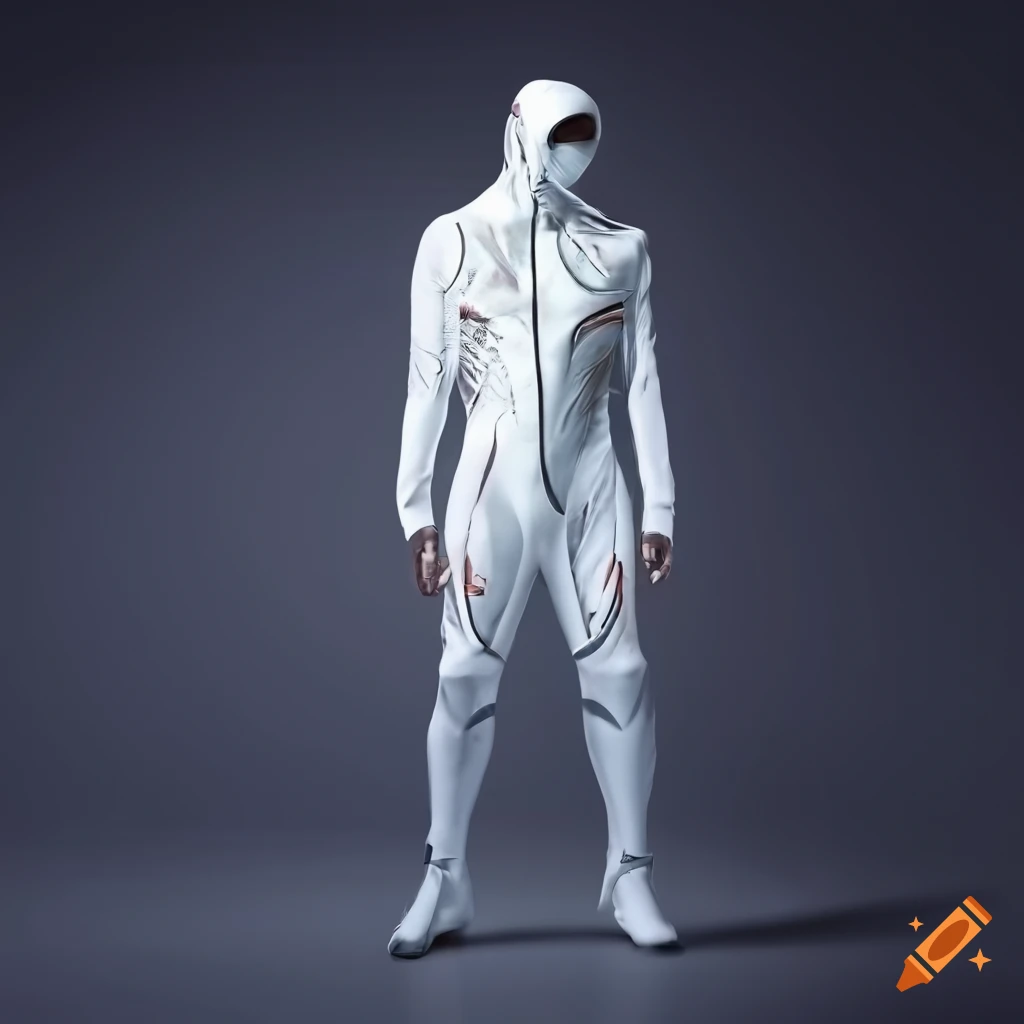 Concept art of man in a fashionable futuristic white jumpsuit supra ...