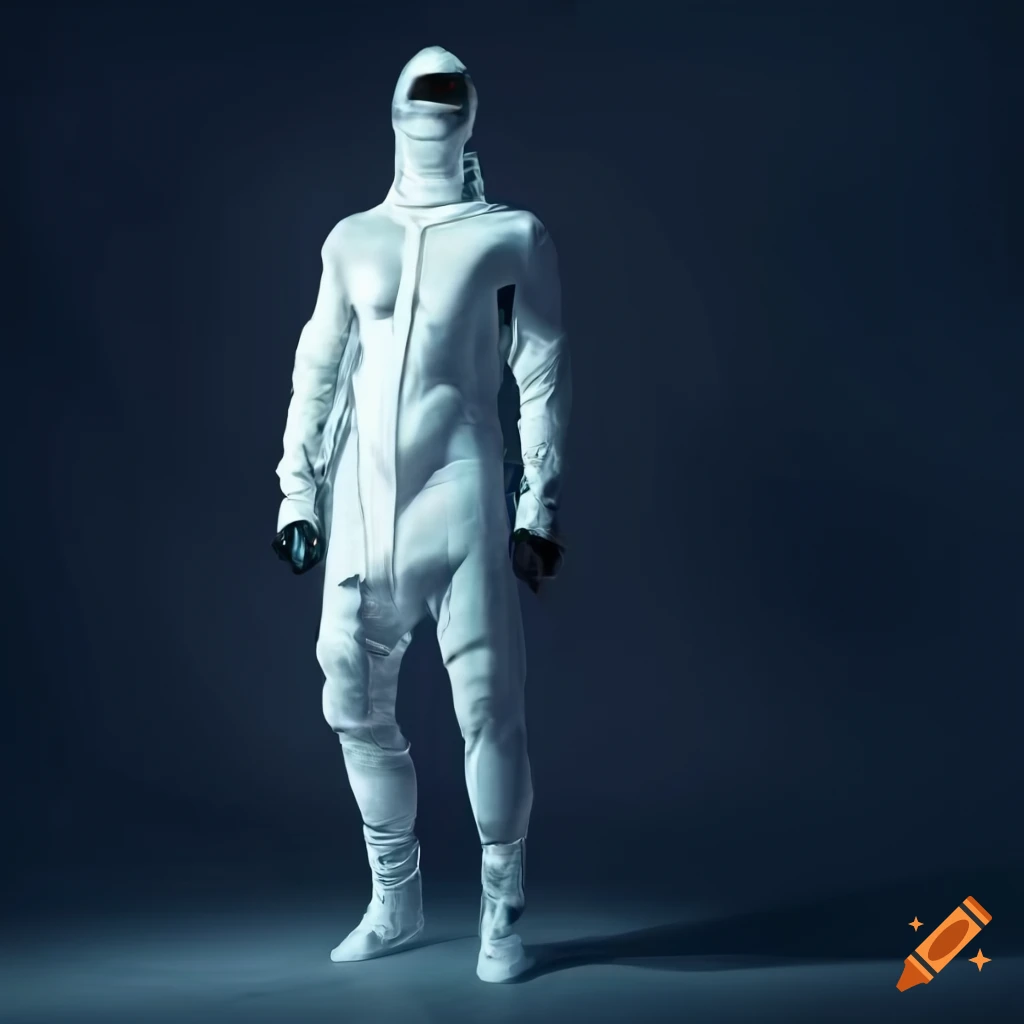 Concept art of man in a fashionable futuristic white jumpsuit supra ...