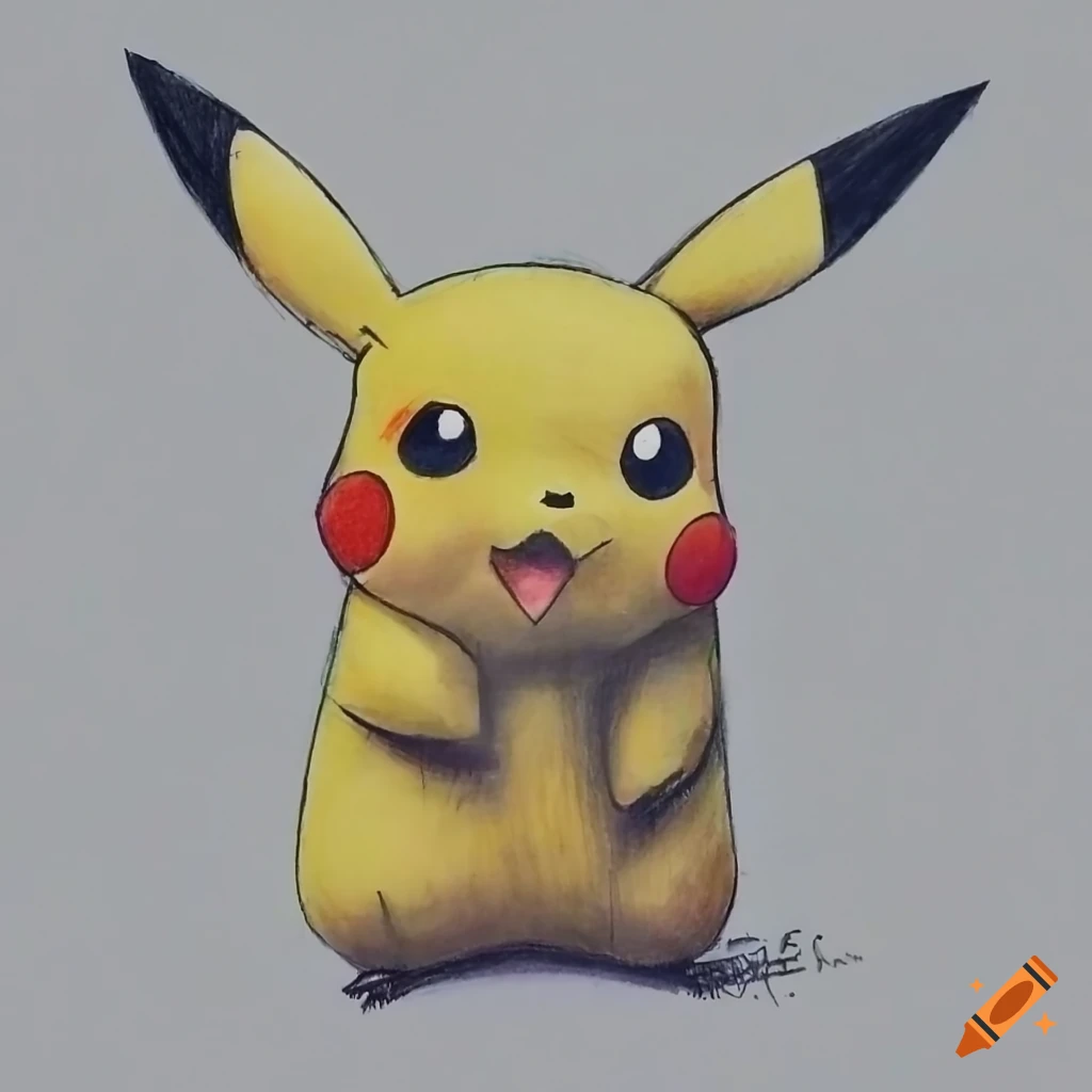 Drawing of pikachu on white paper with grey crayon, slim