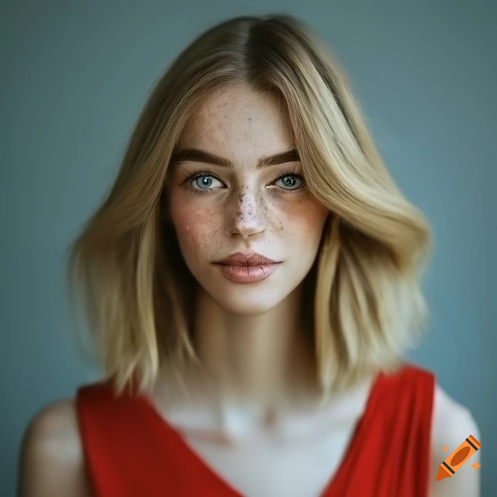 Beautiful Young Woman Delicate Freckles Shy Smile Indoors Bobbed Blonde