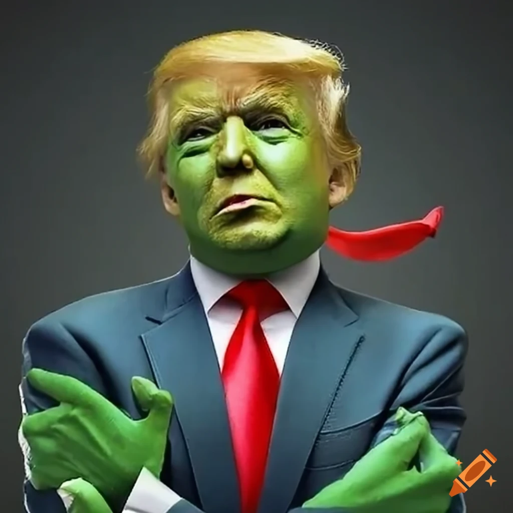 Donald trump dressed as a green mutant ninja turtle with a red bandanna
