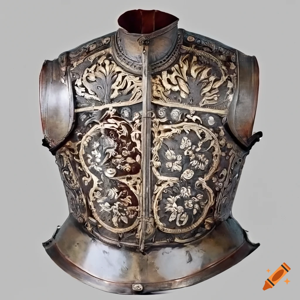 An medieval chest plate with intricate floral engravings, Culet, Faulds ...