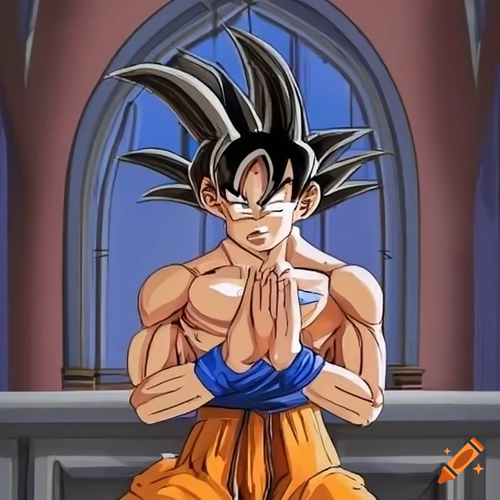 Goku praying in a church on Craiyon
