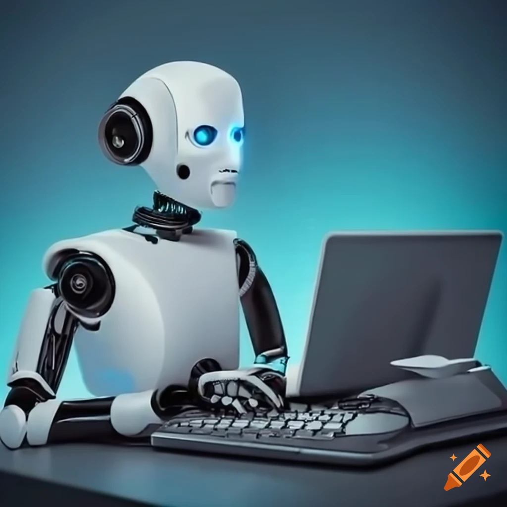 Robot at computer typing on keyboard on Craiyon