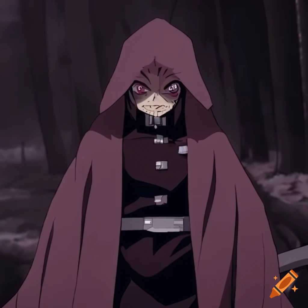 Demon slayer character wearing a cloak with a scythe on his back