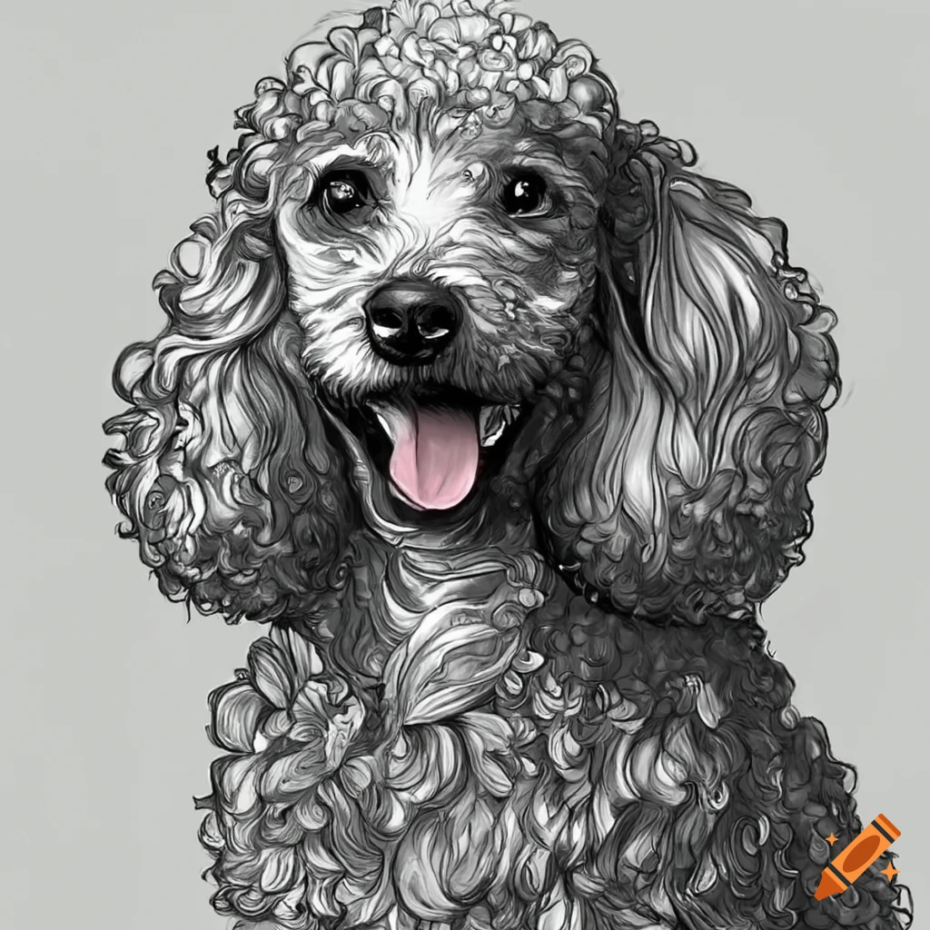 Poodle dog fineline drawing greyscale coloring book style