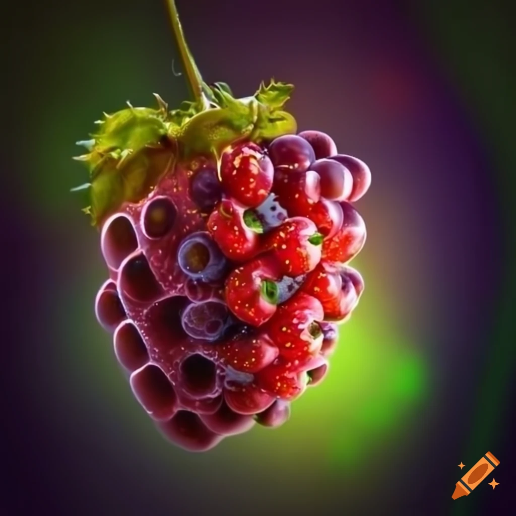 A cellular structure resembling a strawberry and grapes under a ...