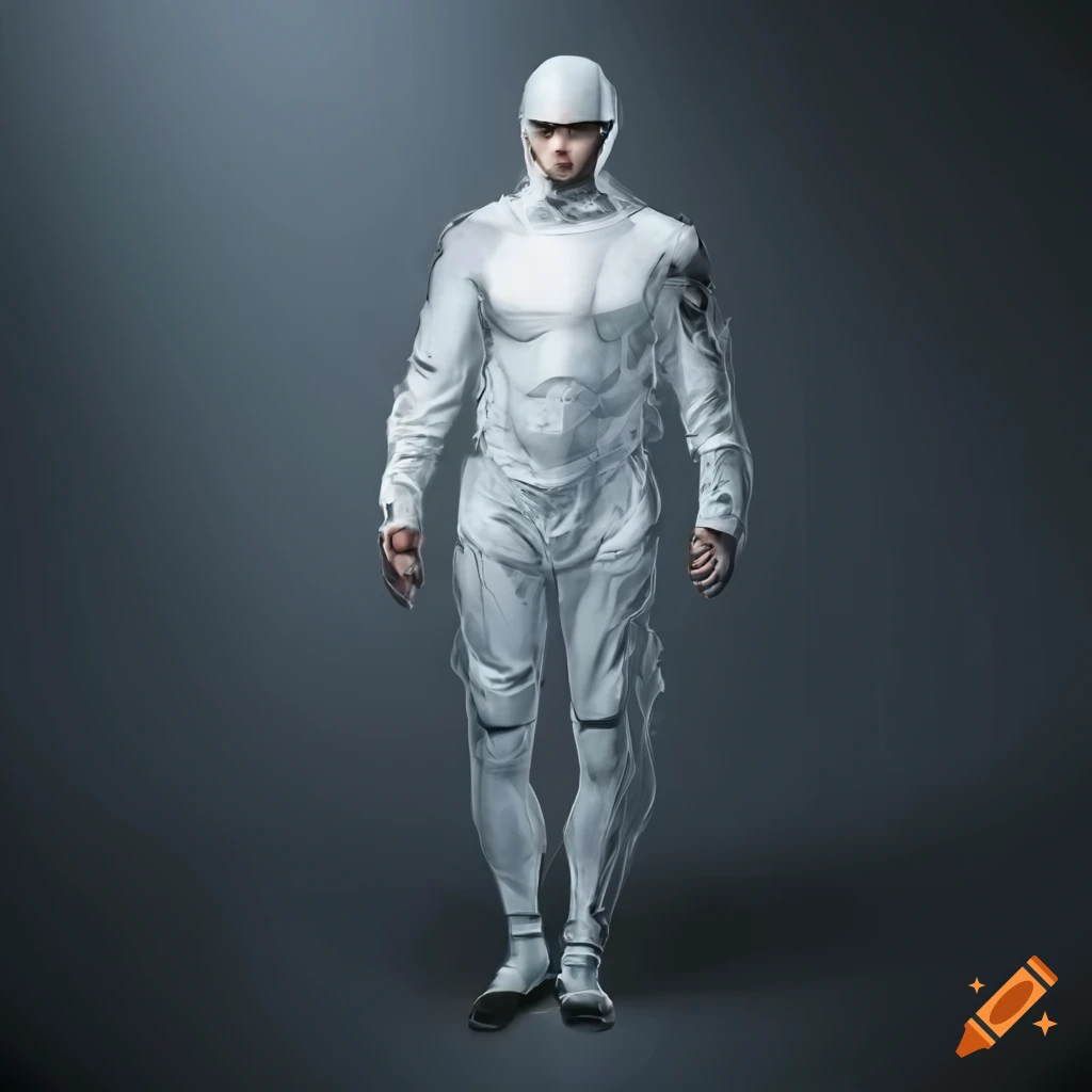 Concept art of man in a fashionable futuristic white jumpsuit supra ...