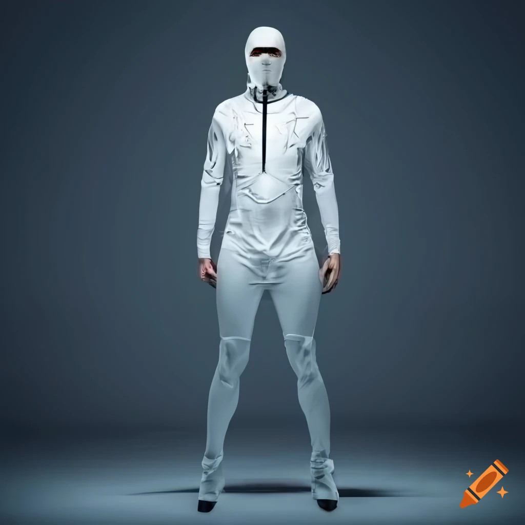 Concept art of man in a fashionable futuristic white jumpsuit detailled