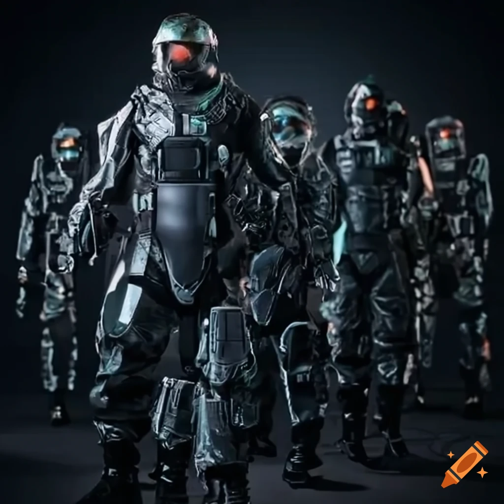 Futuristic elite army with protective suit bending cyber technological