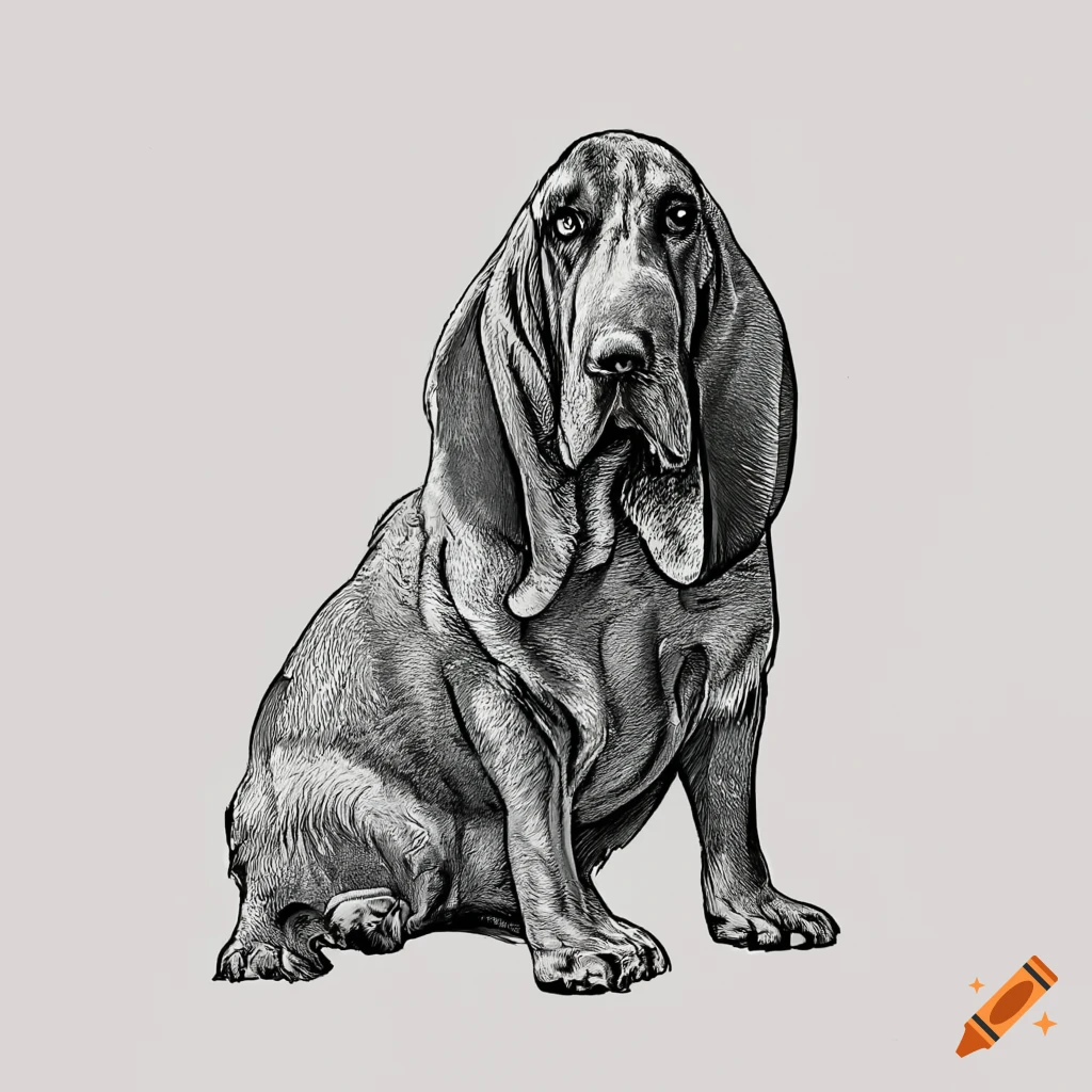 Fullbody BLOODHOUND DOG fineline drawing greyscale coloring book style ...