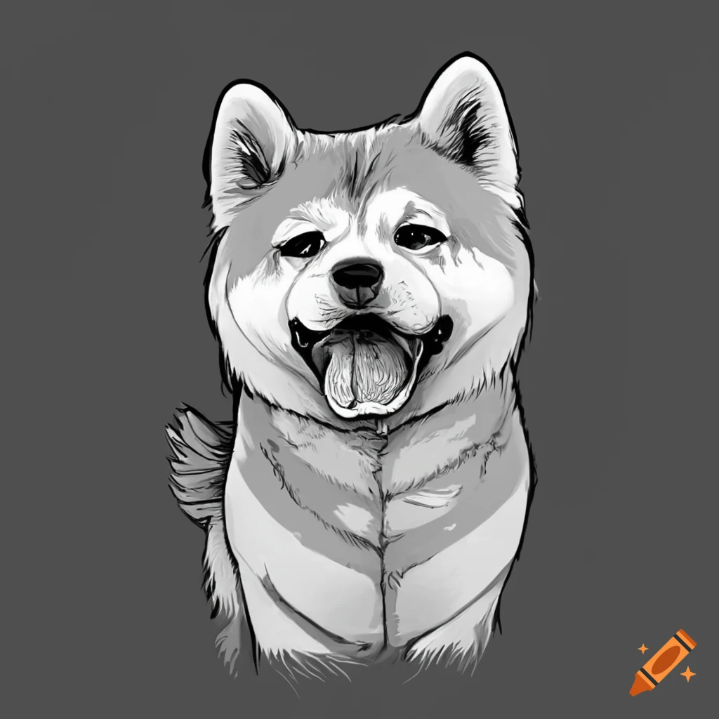 Walking akita inu dog fineline drawing greyscale coloring book style