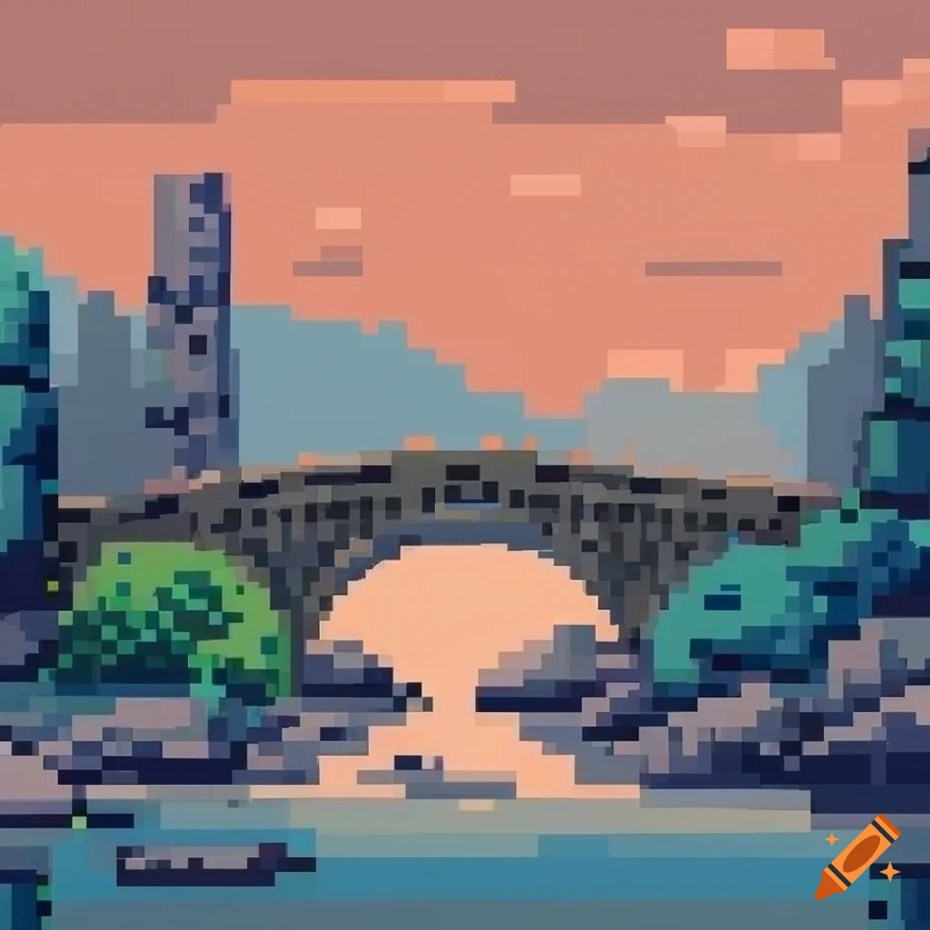 A old stone bridge over a river with searoses pixel art