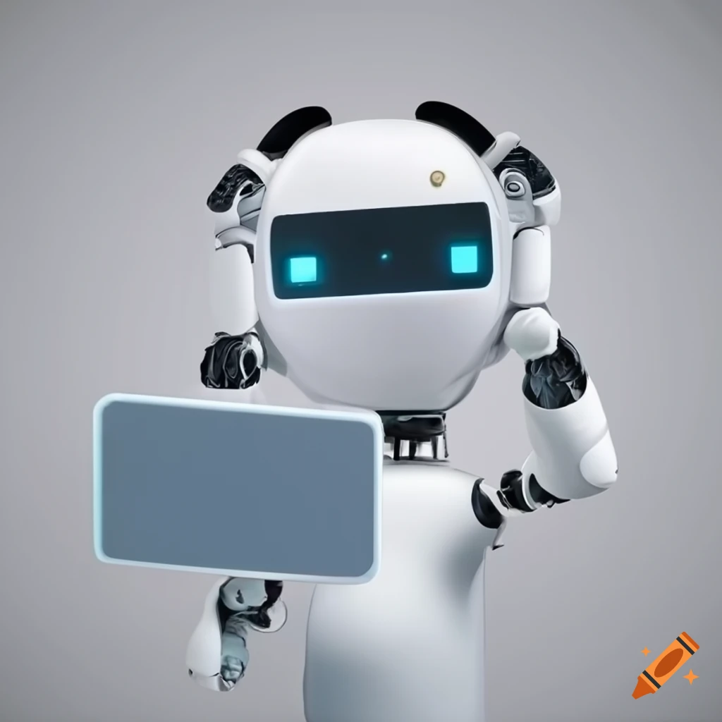 White robot stands with a tablet