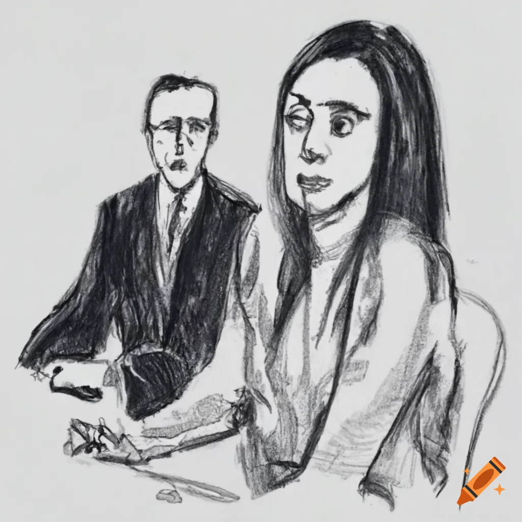 Courtroom sketch drawing with a human trafficking victim and her lawyer ...