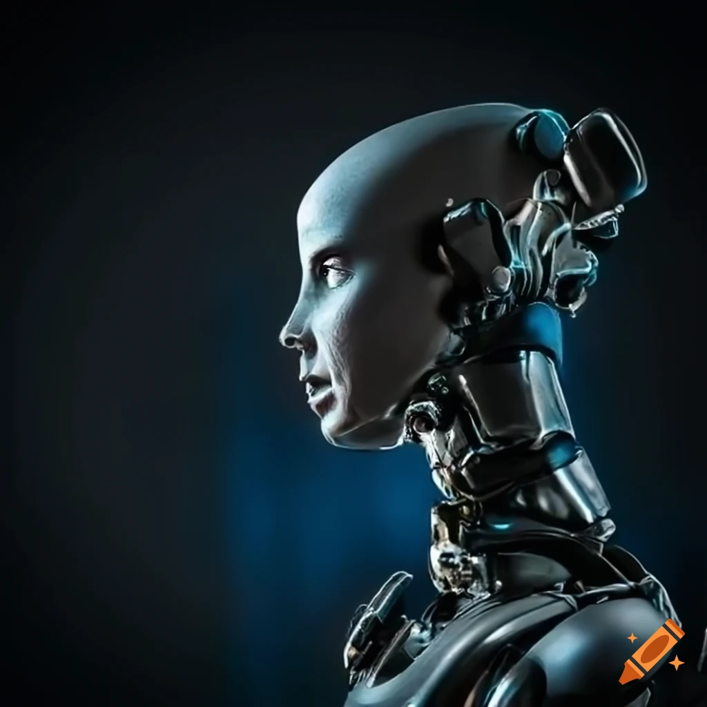 Realistic close-up portrait of a complex robot