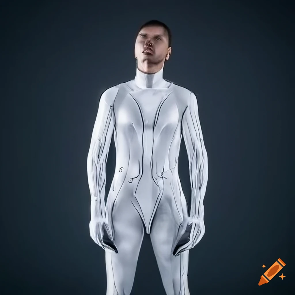 Man in a fashionable futuristic white electric jumpsuit on Craiyon