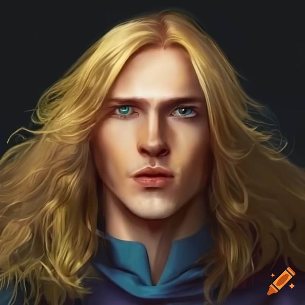 Heroic adult man with heterochromia and long blond hair