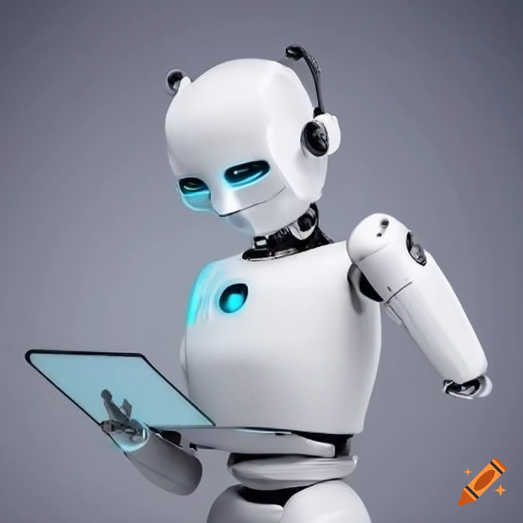 White robot stands with a tablet