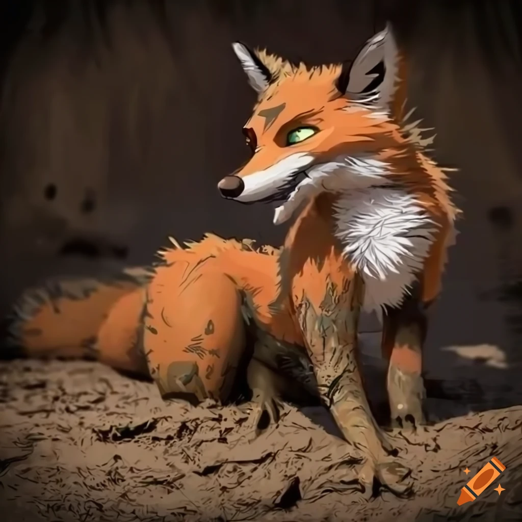 A playful anthro fox covered in mud from head to toe, playing in a pit ...
