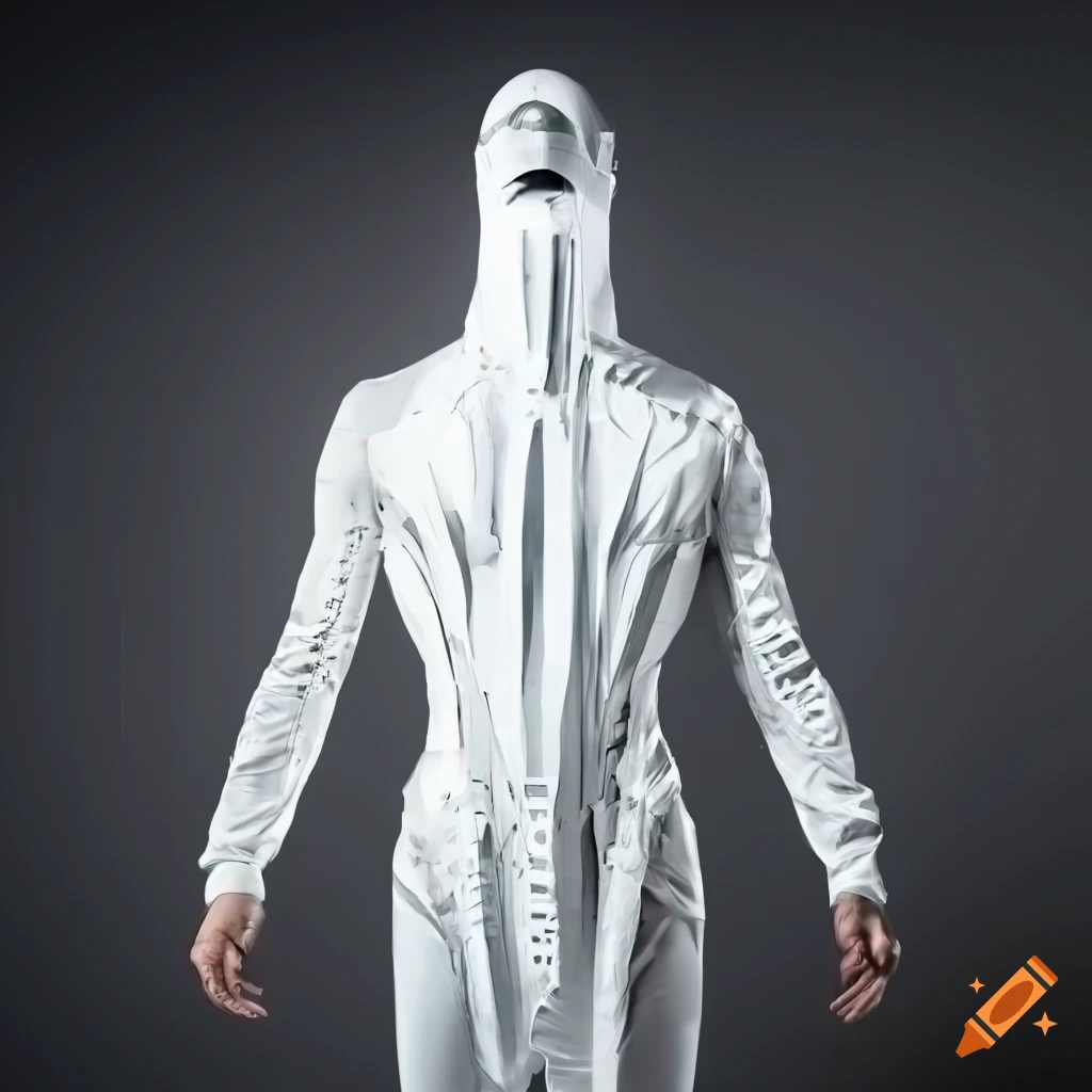 Concept art of man in a fashionable futuristic white jumpsuit detailled