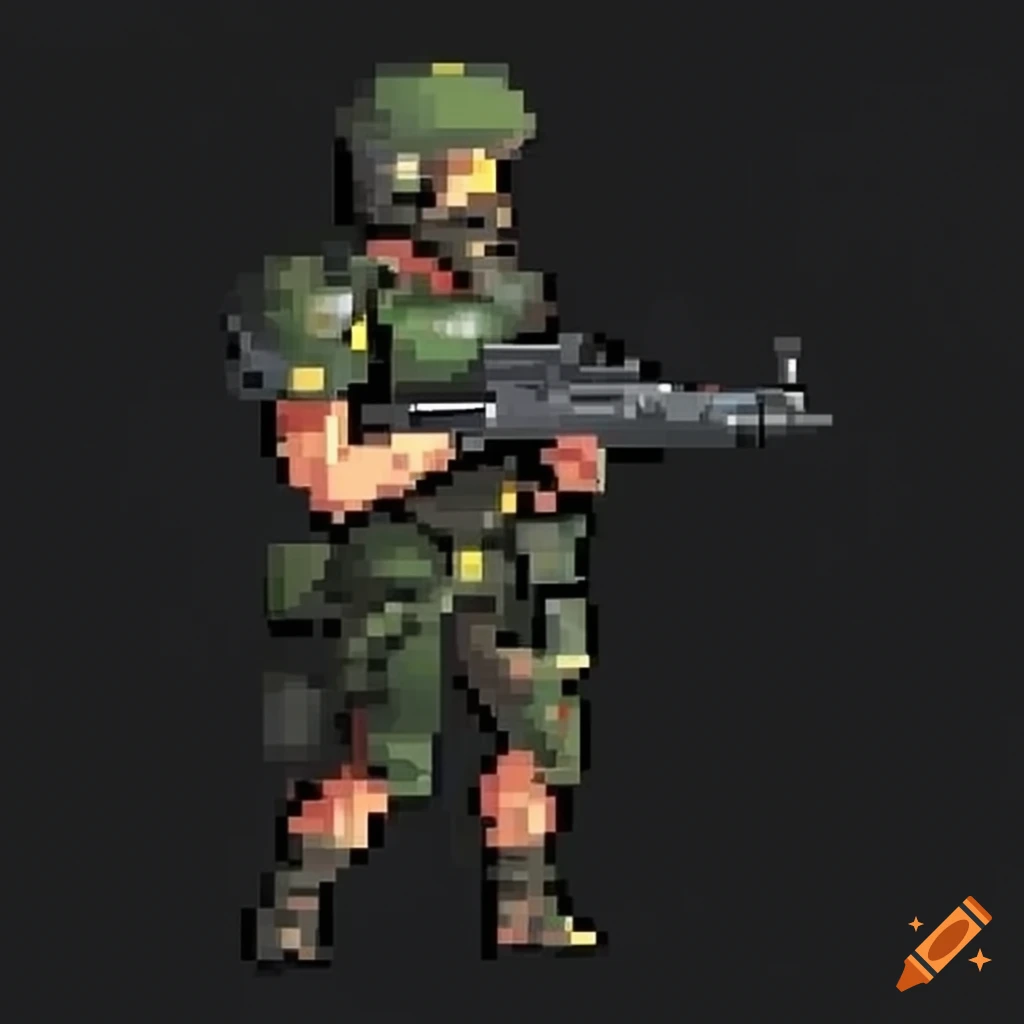 Pixel art soldier with a machine gun on Craiyon