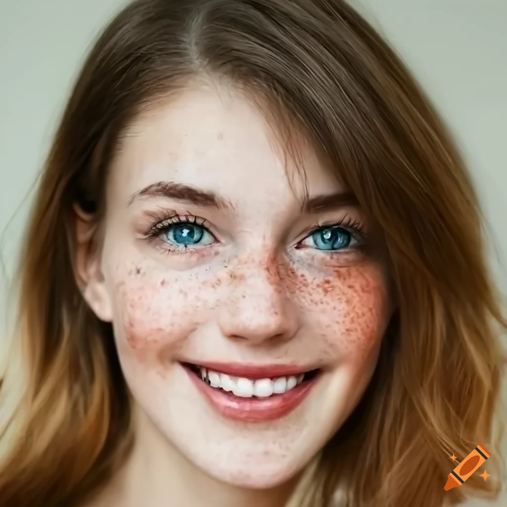 Beautiful Young Woman Delicate Freckles Shy Smile Indoors Bobbed Hair