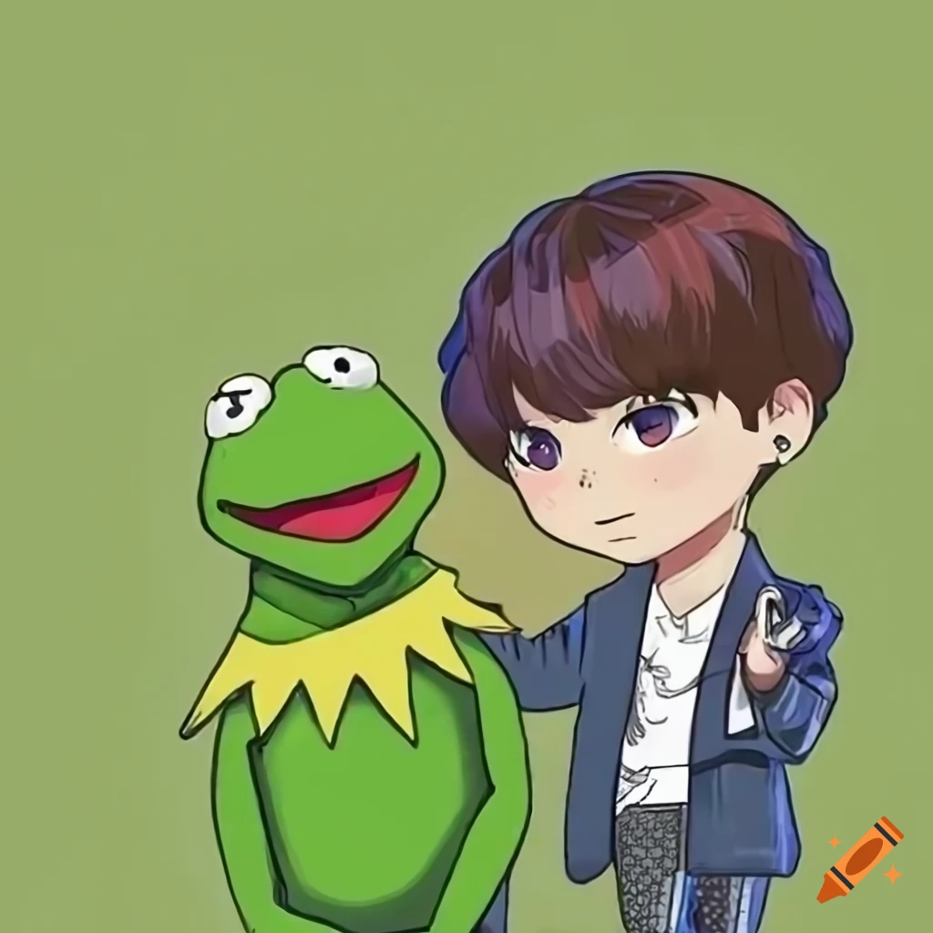 Chibi-style illustration of Kermit the Frog and Jungkook posing for a ...