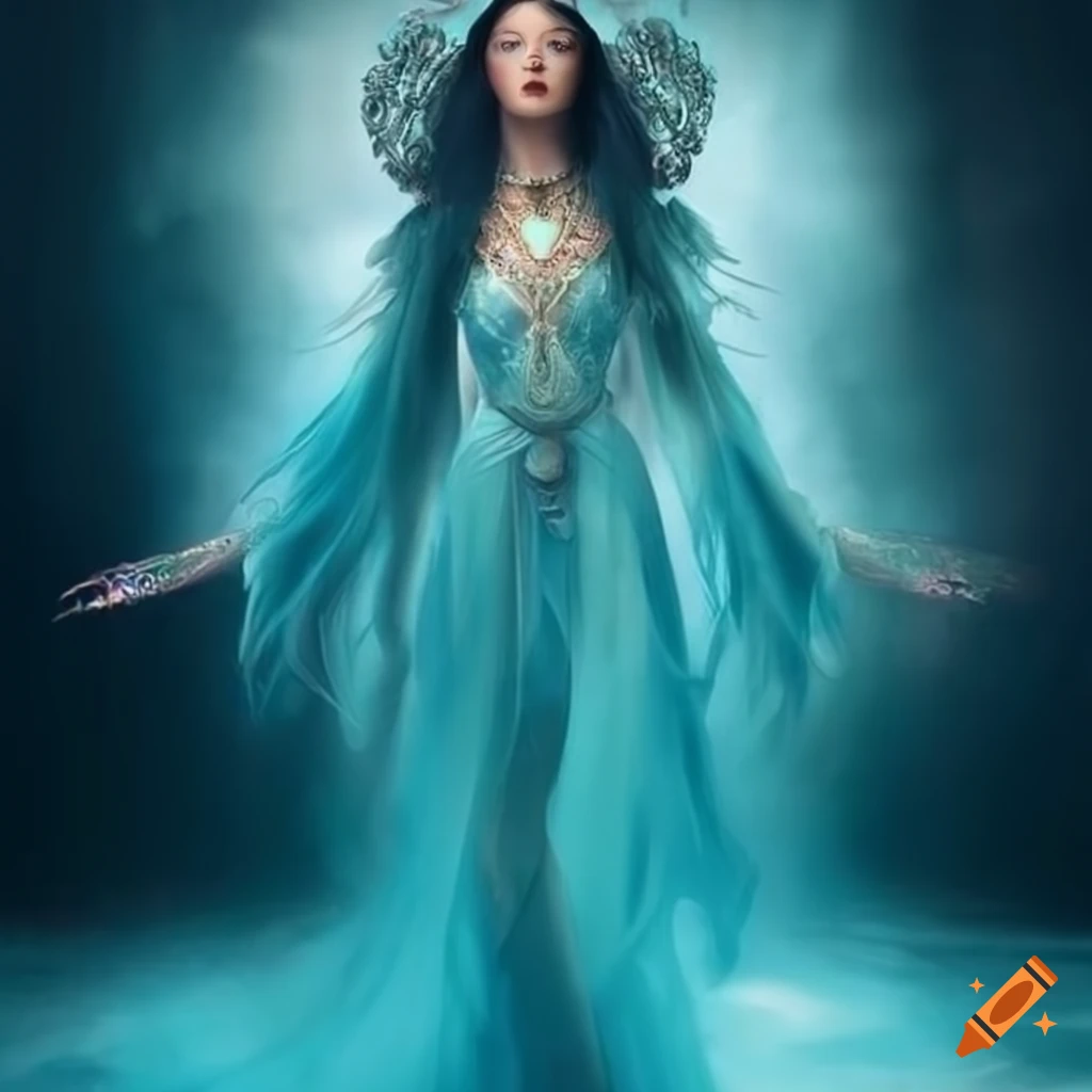 A goddess wearing ethereal cyan robes