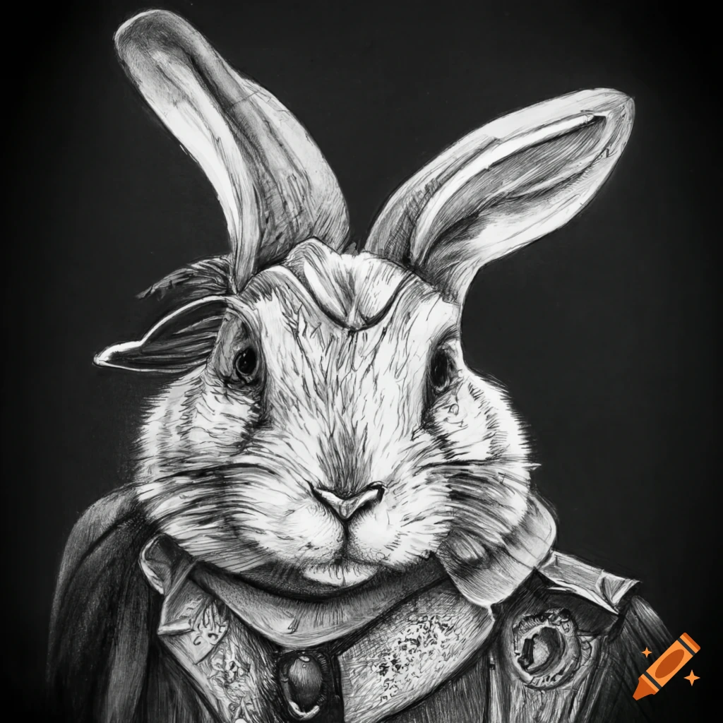 A steampunk rabbit with hat, black and white pen and ink drawing