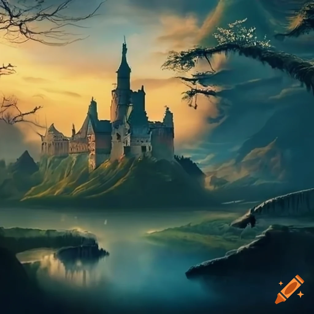A majestic medieval landscape with castles reaching for the skies ...