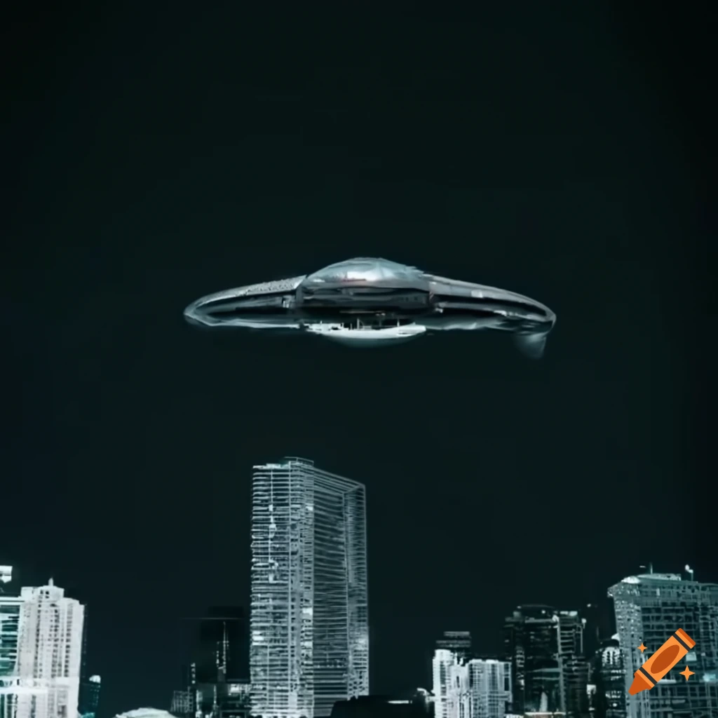Alien spaceship flying over Miami photorealistic on Craiyon