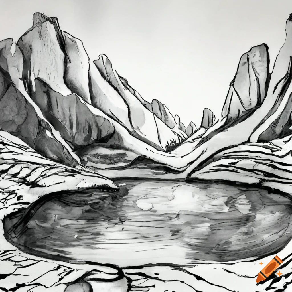Black and white ink drawing. a hot spring in an alkali flat. in a rocky ...