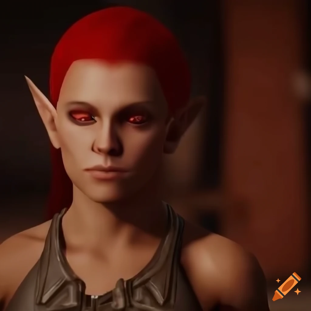 Unreal engine 5 pale-white-skinned, shaved head with red ponytail ...