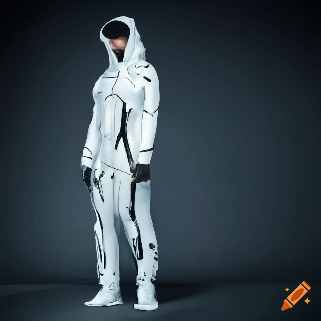 Concept art of man in a fashionable futuristic white jumpsuit supra ...