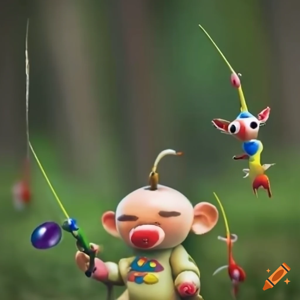 Olimar and the pikmin exploring a vibrant alien world on Craiyon