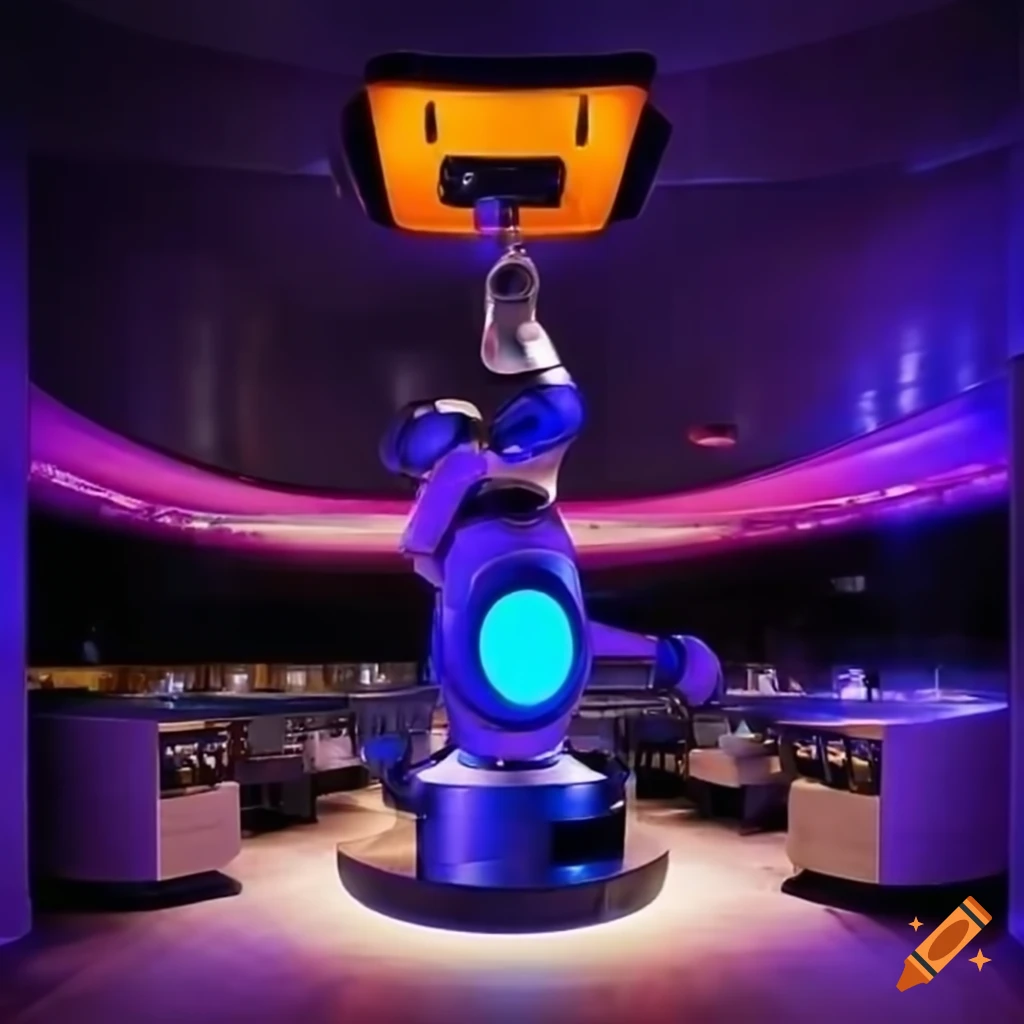High-tech japanese-inspired restaurant with robots using #7935d2 theme ...