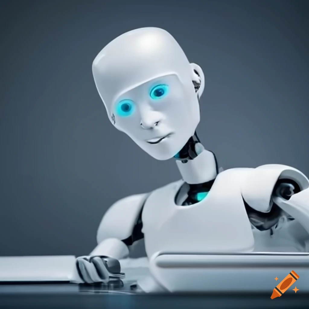 White robot at the computer