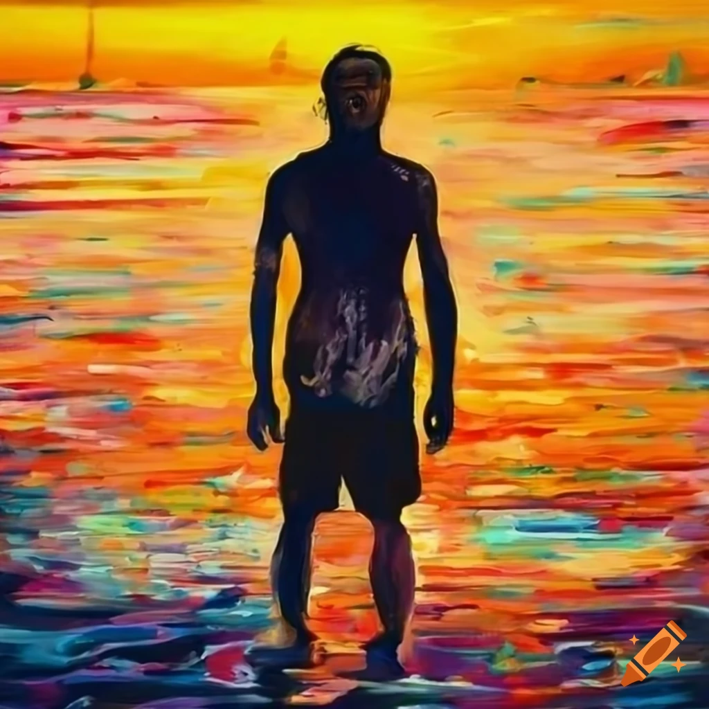 Expressionism art. Golden hour shot of a man rising from the ocean ...