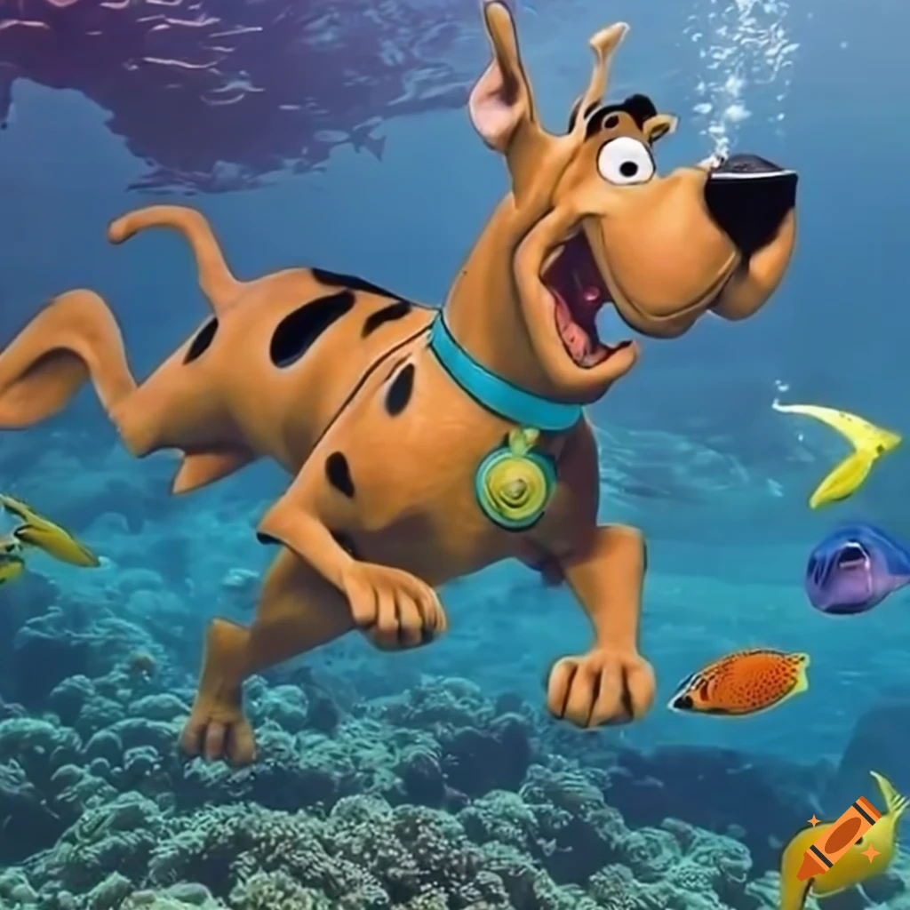 Scooby doo the tv dog dives in the sea with a diving mask and sees ...