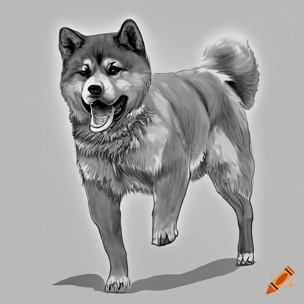 Walking akita inu dog fineline drawing greyscale coloring book style on ...